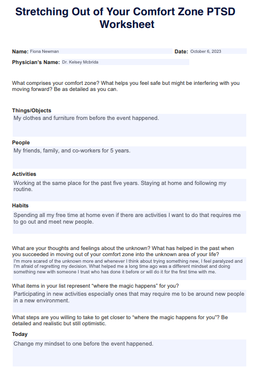 Stretching Out of Your Comfort Zone PTSD Worksheet & Example | Free PDF Download